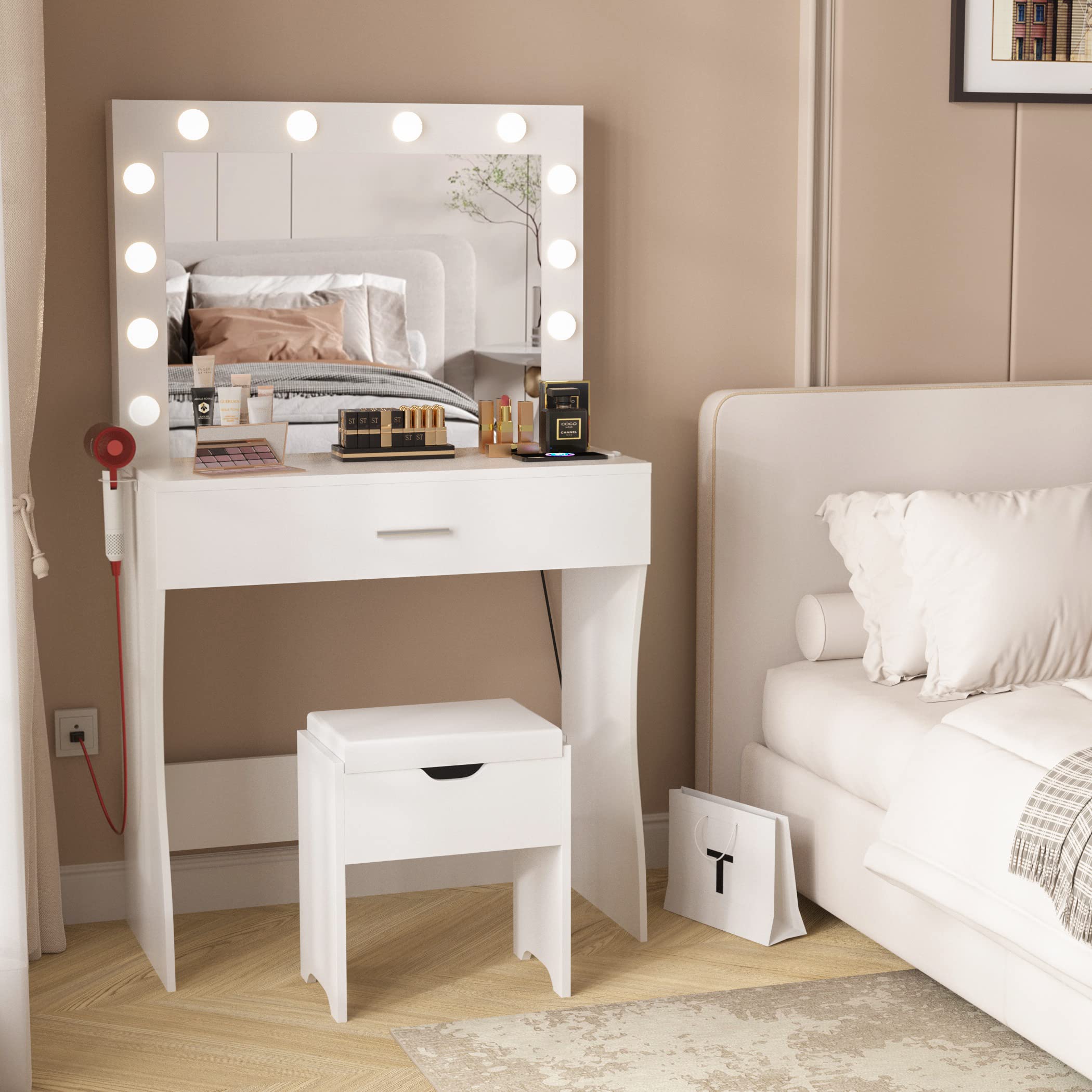 Titoni Vanity Table Set with Lighted Mirror - Makeup Vanity with Charging Station, Large Drawer Sturdy Wood Vanity with Lights, 3 Color Modes, Adjustable Brightness, White