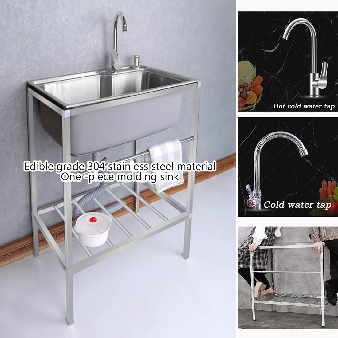 Stainless Steel Utility Sink Single Bowl, Outdoor Garden Sink Freestanding Commercial Restaurant Kitchen Prep Cleaning Station Sink with Faucet, for Kitchen, Laundry Tub, Room, Garage (Color : Hot co