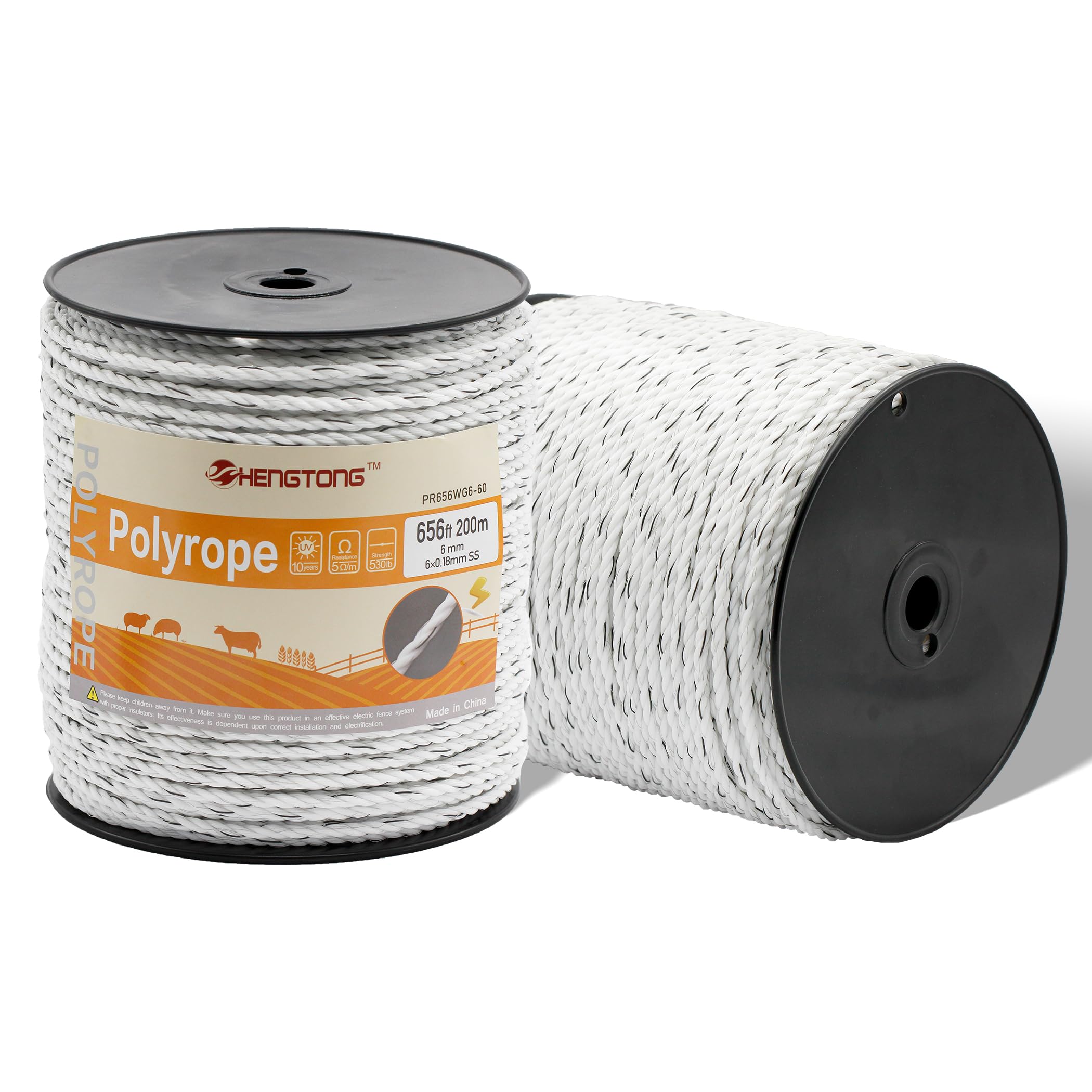 HENGTONG Electric Fence Poly Rope 656ft (200m), 1/4 inch (6mm) Upgraded Portable Polyrope, 6 x 0.18mm Strong SS Conductors, Electric Fence Rope for Horses, Safe Enough for Large Animals (White)