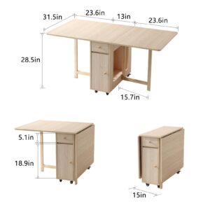 COMUHOME Extendable Drop Leaf Folding Dining Table with 2 Drawers and 4 Wheels for Living Room Kitchen Farmhouse Space Saving Table in Wood Color