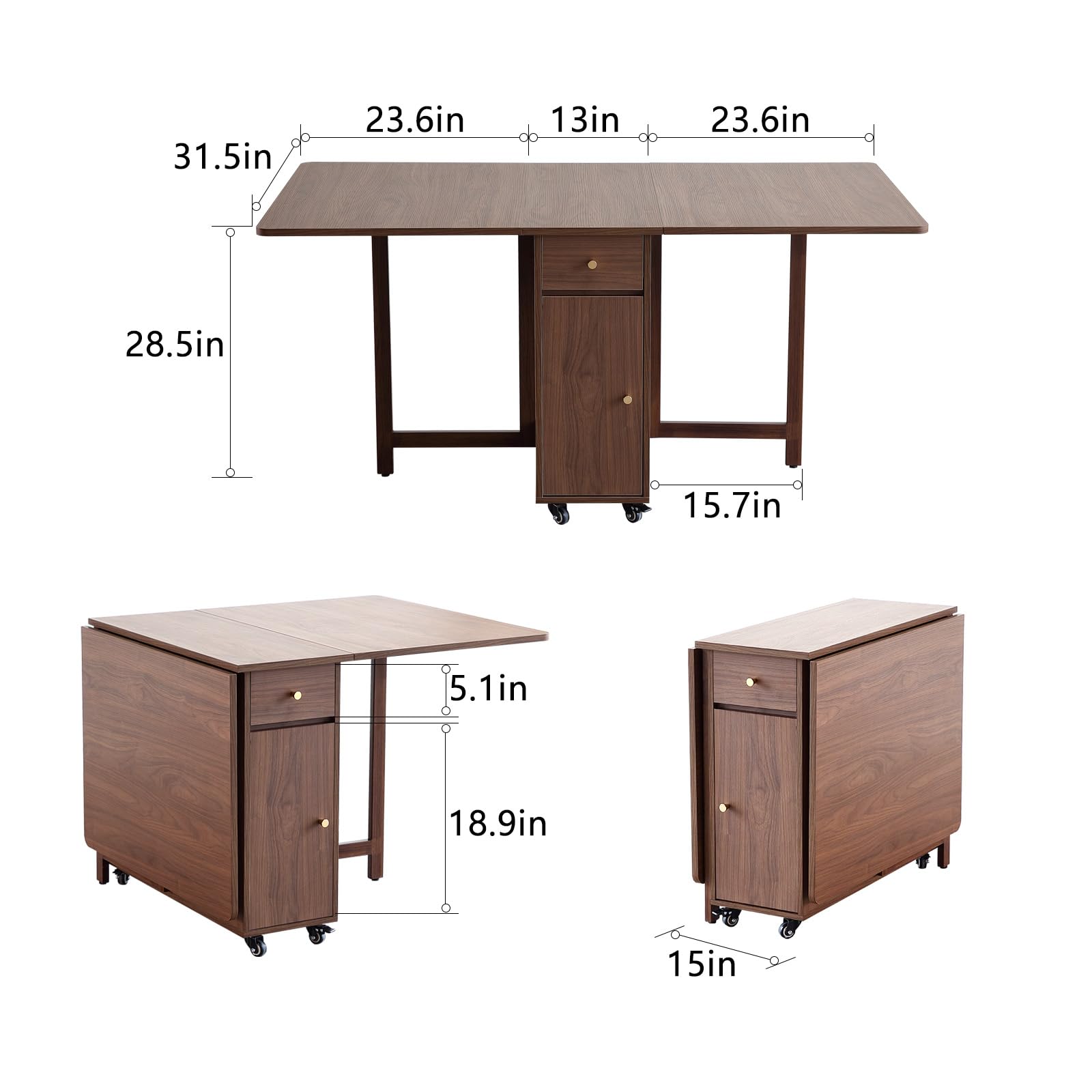 COMUHOME Extendable Drop Leaf Foldable Dining Table with 2 Drawers and 4 Wheels for Living Room Kitchen Farmhouse Space Saving Table in Walnut