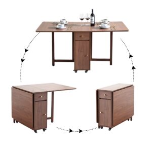 COMUHOME Extendable Drop Leaf Foldable Dining Table with 2 Drawers and 4 Wheels for Living Room Kitchen Farmhouse Space Saving Table in Walnut