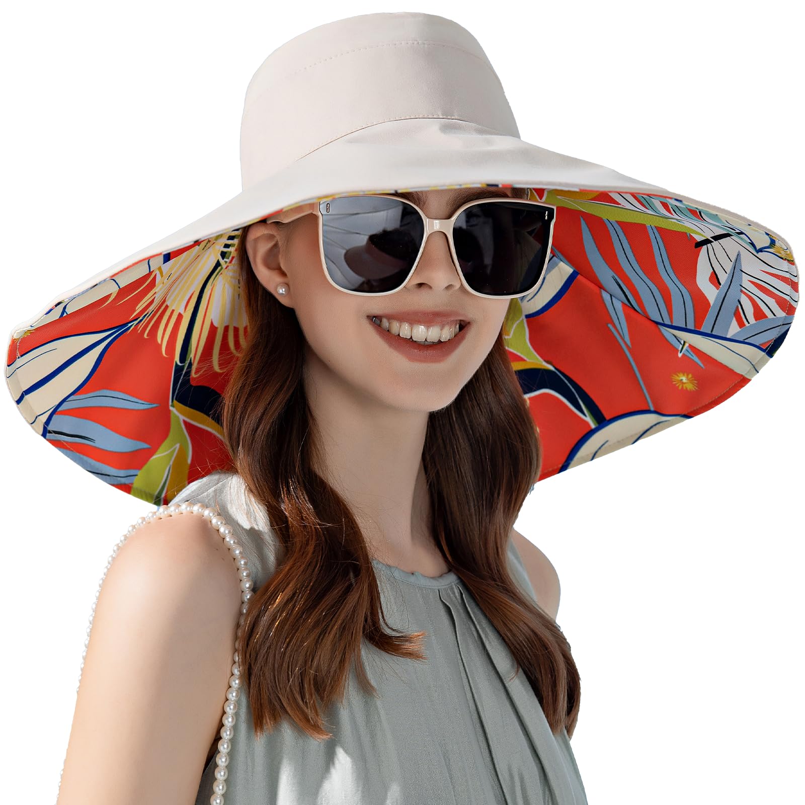 7" Women's Wide Brim Sun Hat, Large Foldable UV Protective Sun Hat, can be worn on both sides, suitable for beach, gardening, travelling, hiking（Flower/Khaki）