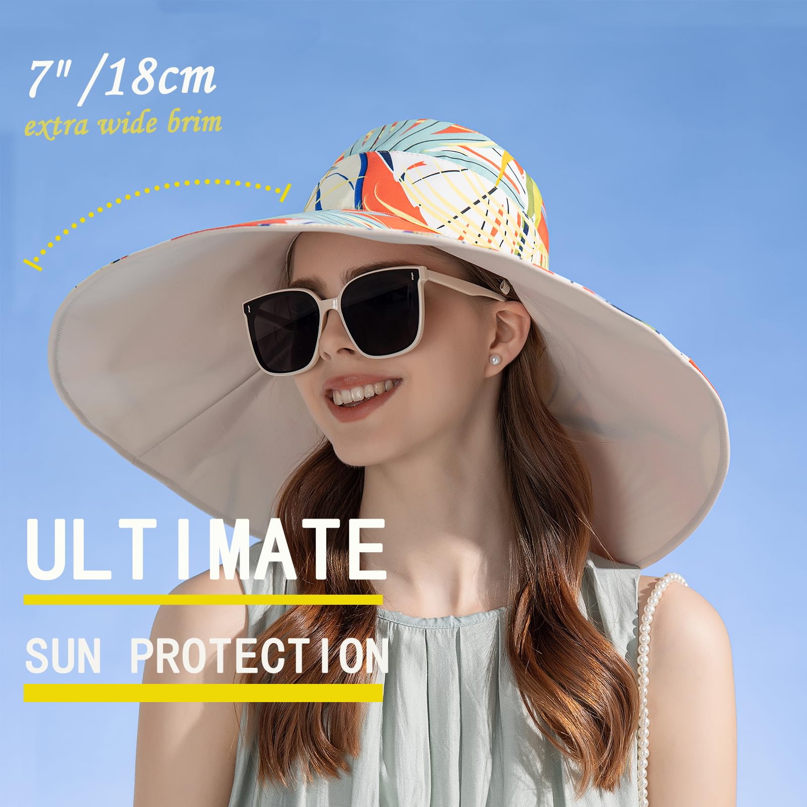 7" Women's Wide Brim Sun Hat, Large Foldable UV Protective Sun Hat, can be worn on both sides, suitable for beach, gardening, travelling, hiking（Flower/Khaki）