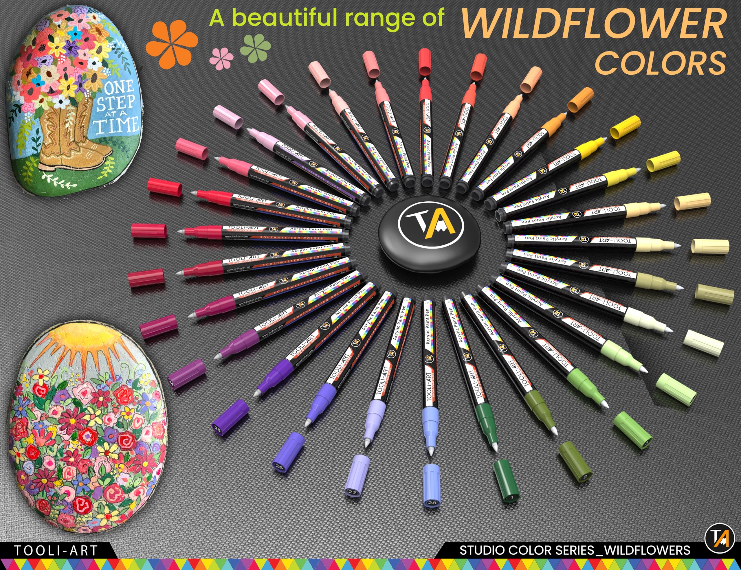 28 Wildflower Colors Acrylic Paint Pens Studio Color Series Markers Set 0.7mm Extra Fine Tip, Rock Painting, Glass, Mugs, Wood, Metal, Canvas, DIY, Detailing. Non Toxic, Waterbased, Quick Drying