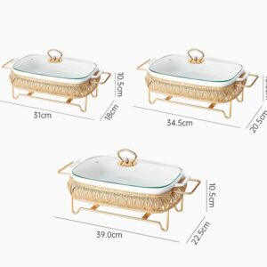 HONHPD Stainless Steel Rectangle Chafing Dish Buffet Set, Ceramic Marble Finish Chafer with Glass Lid, Chafer and Buffet Warmer Set for Buffet Weddings Parties Banquets, Golden