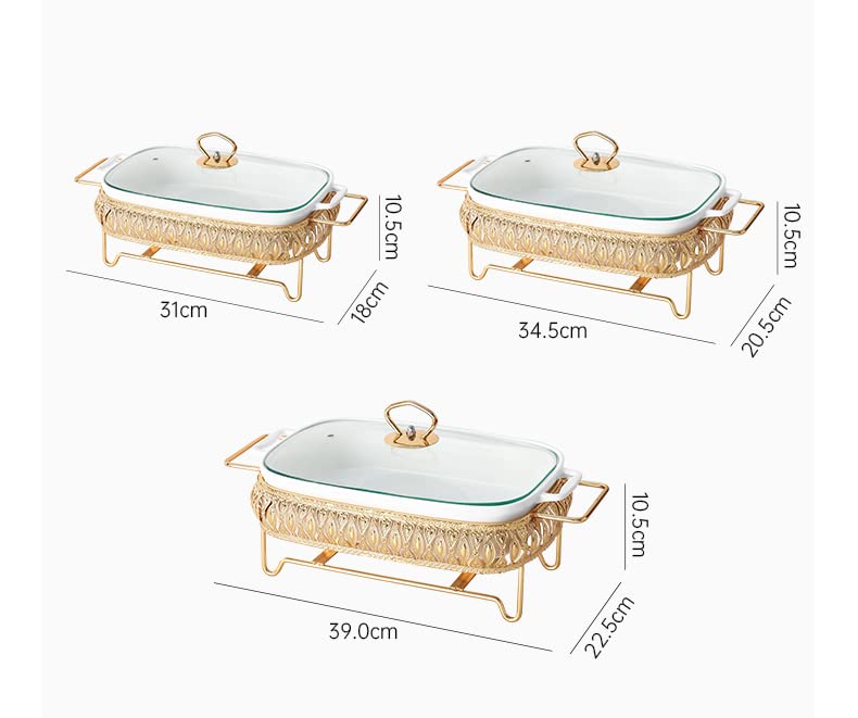 HONHPD Stainless Steel Rectangle Chafing Dish Buffet Set, Ceramic Marble Finish Chafer with Glass Lid, Chafer and Buffet Warmer Set for Buffet Weddings Parties Banquets, Golden