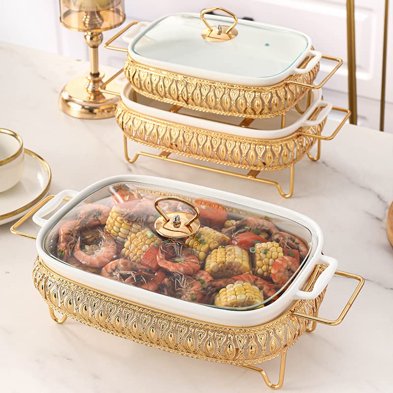 HONHPD Stainless Steel Rectangle Chafing Dish Buffet Set, Ceramic Marble Finish Chafer with Glass Lid, Chafer and Buffet Warmer Set for Buffet Weddings Parties Banquets, Golden