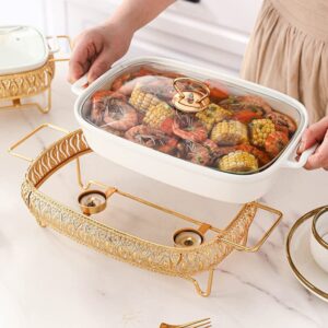 HONHPD Stainless Steel Rectangle Chafing Dish Buffet Set, Ceramic Marble Finish Chafer with Glass Lid, Chafer and Buffet Warmer Set for Buffet Weddings Parties Banquets, Golden