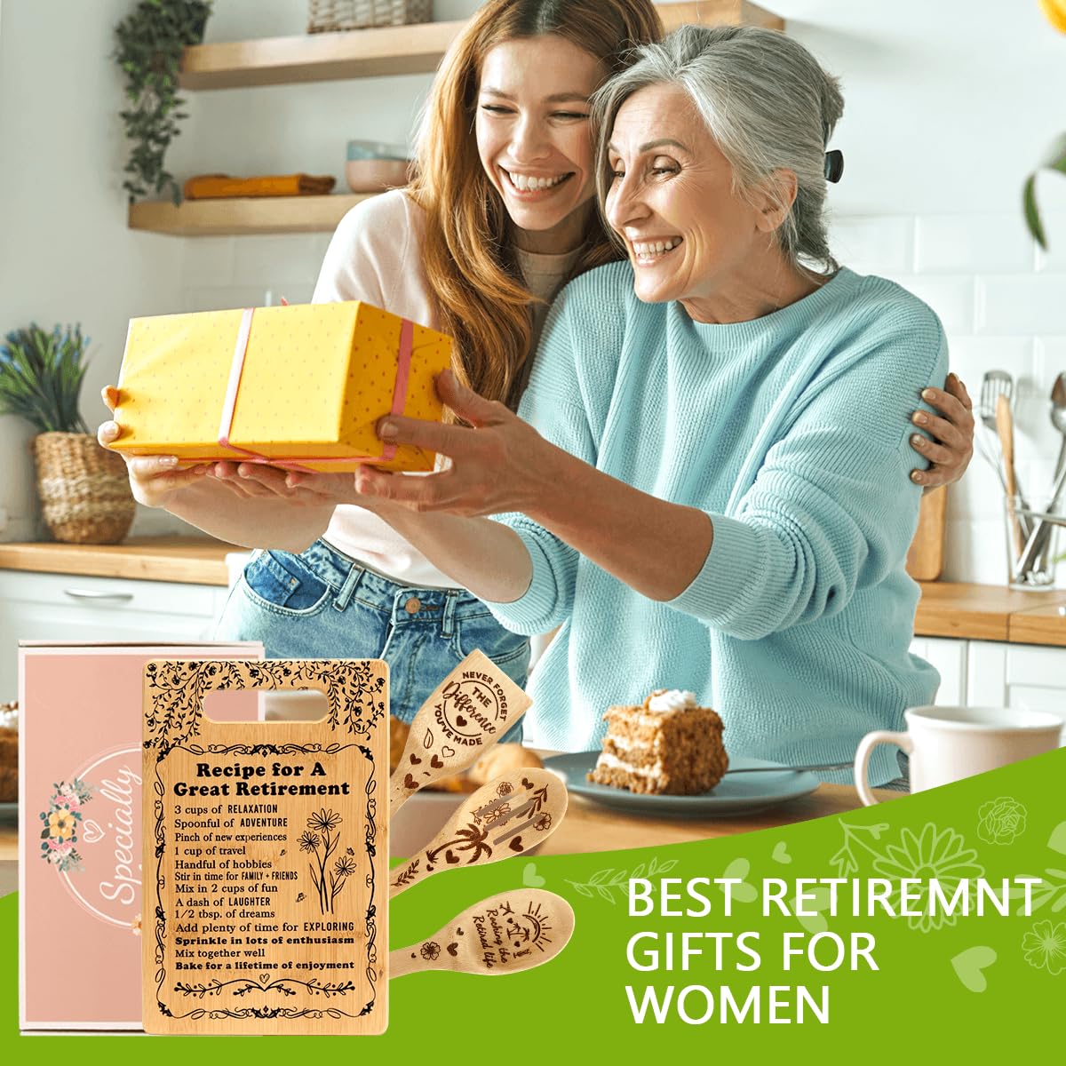 Retirement Gifts for Women Happy Retirement Cutting Boards Gift with Utensil Set Gifts Leaving Gifts for Female Coworker Teachers Nurses Boss Mom Grandma Friends Retirees Kitchen Cutting Boards C006