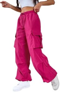 sweatyrocks women's drawstring elastic waist loose pants casual flap pocket cargo pants trousers hot pink m