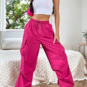 SweatyRocks Women's Drawstring Elastic Waist Loose Pants Casual Flap Pocket Cargo Pants Trousers Hot Pink M