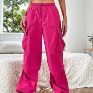 SweatyRocks Women's Drawstring Elastic Waist Loose Pants Casual Flap Pocket Cargo Pants Trousers Hot Pink M