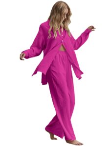 floerns women's 2 piece outfits slit hem longline blouse and wide leg pants set a hot pink s