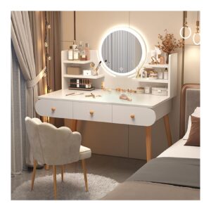 vanity set with lighted mirror | makeup table with storage shelf and drawers | vanity desk with comfortable chair | 3 color lighting modes adjustable brightness