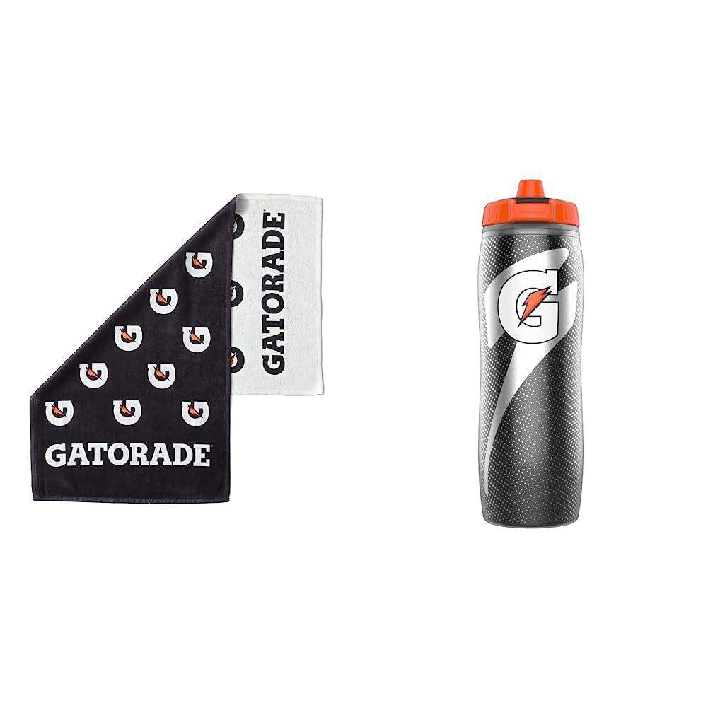 Gatorade Premium Sideline Towel Bi-color, White, Small & Insulated Squeeze Bottle, Black, 30oz