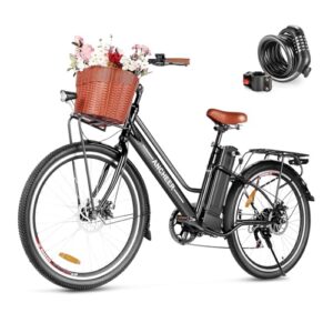 ancheer electric bicycle, 26'' electric city bike, low frame electric bike with 36v/13 ah lithium battery and 350w powerful motor, step through commuter ebike with basket for woman man