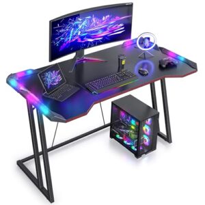 cubicubi gaming desk with led lights, 47 inch z shaped gamer desk, home game computer desk with carbon fiber surface, ergonomic office pc workstation with cable management, black