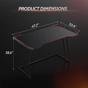 CubiCubi Gaming Desk with LED Lights, 47 Inch Z Shaped Gamer Desk, Home Game Computer Desk with Carbon Fiber Surface, Ergonomic Office PC Workstation with Cable Management, Black