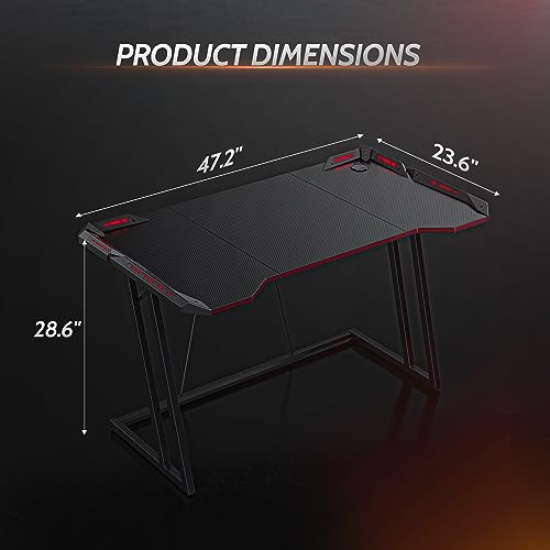 CubiCubi Gaming Desk with LED Lights, 47 Inch Z Shaped Gamer Desk, Home Game Computer Desk with Carbon Fiber Surface, Ergonomic Office PC Workstation with Cable Management, Black