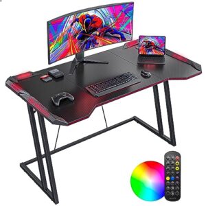 CubiCubi Gaming Desk with LED Lights, 47 Inch Z Shaped Gamer Desk, Home Game Computer Desk with Carbon Fiber Surface, Ergonomic Office PC Workstation with Cable Management, Black