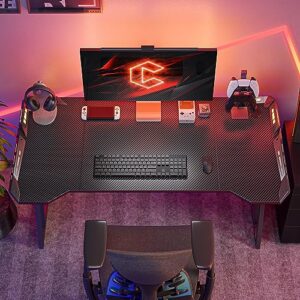 CubiCubi Gaming Desk with LED Lights, 47 Inch Z Shaped Gamer Desk, Home Game Computer Desk with Carbon Fiber Surface, Ergonomic Office PC Workstation with Cable Management, Black