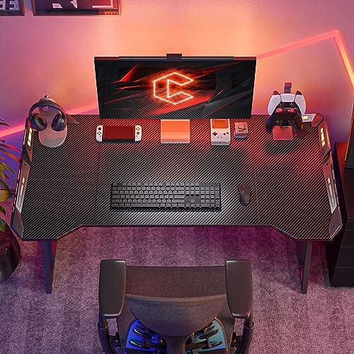 CubiCubi Gaming Desk with LED Lights, 47 Inch Z Shaped Gamer Desk, Home Game Computer Desk with Carbon Fiber Surface, Ergonomic Office PC Workstation with Cable Management, Black