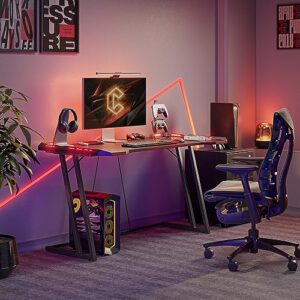 CubiCubi Gaming Desk with LED Lights, 47 Inch Z Shaped Gamer Desk, Home Game Computer Desk with Carbon Fiber Surface, Ergonomic Office PC Workstation with Cable Management, Black