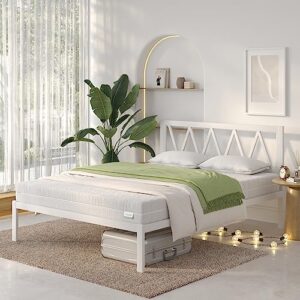 novilla queen bed frame with headboard, metal platform bed frame, heavy duty, no box spring needed, wood slat support, easy assembly, white