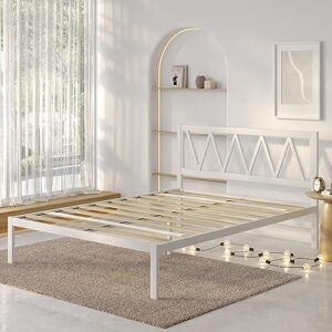 Novilla Queen Bed Frame with Headboard, Metal Platform Bed Frame, Heavy Duty, No Box Spring Needed, Wood Slat Support, Easy Assembly, White