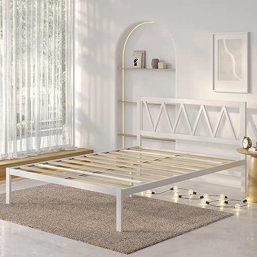 Novilla Queen Bed Frame with Headboard, Metal Platform Bed Frame, Heavy Duty, No Box Spring Needed, Wood Slat Support, Easy Assembly, White