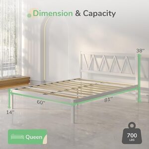 Novilla Queen Bed Frame with Headboard, Metal Platform Bed Frame, Heavy Duty, No Box Spring Needed, Wood Slat Support, Easy Assembly, White