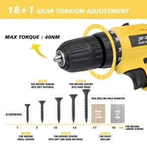 Jar-Owl 21V Cordless Drill, 350 in-lb Torque, 0-1350RMP Variable Speed, 10MM 3/8'' Keyless Chuck, 18+1 Clutch, 1.5Ah Li-Ion Battery & Charger for Home Tool Kit - Black & Yellow