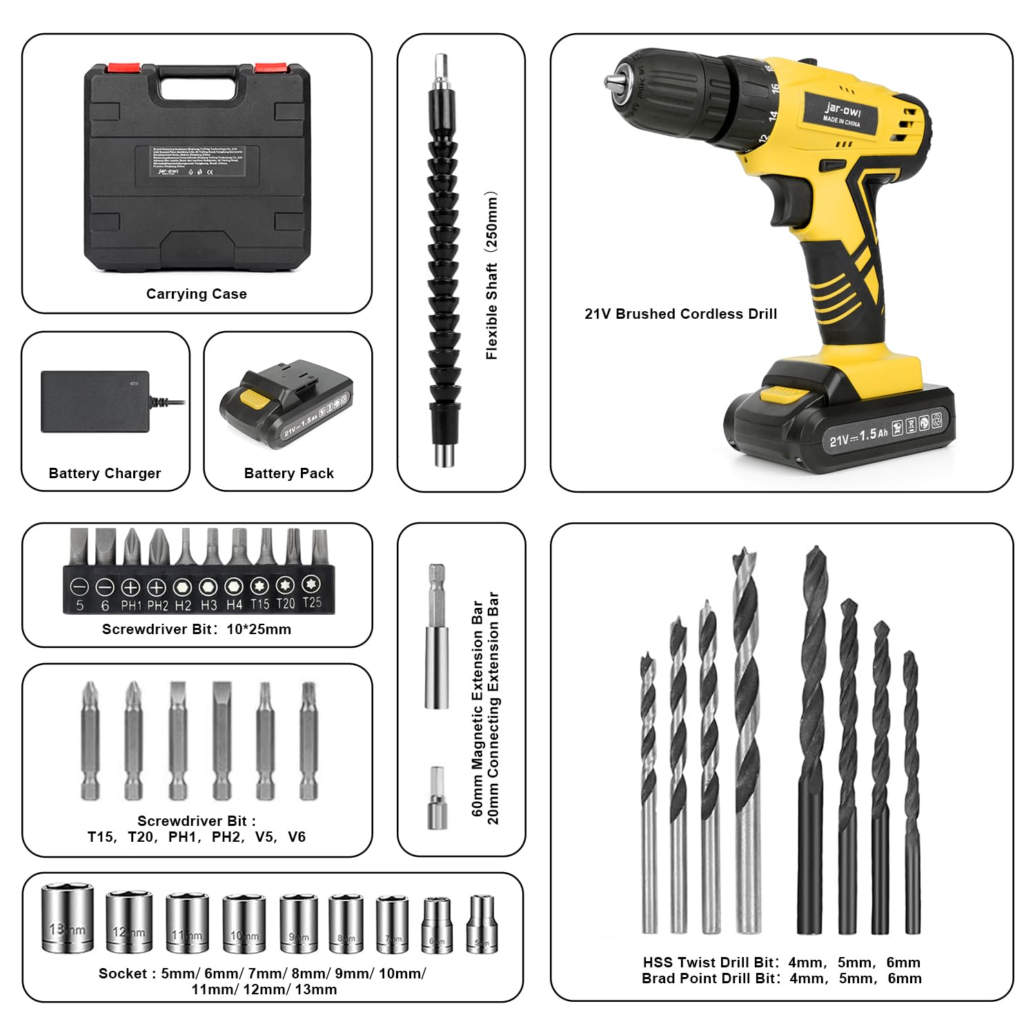 Jar-Owl 21V Cordless Drill, 350 in-lb Torque, 0-1350RMP Variable Speed, 10MM 3/8'' Keyless Chuck, 18+1 Clutch, 1.5Ah Li-Ion Battery & Charger for Home Tool Kit - Black & Yellow