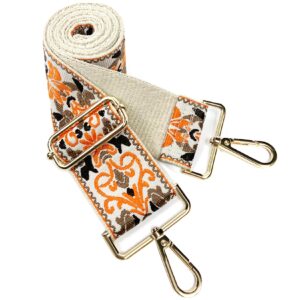 dsigo purse strap, 2" wide gold buckle embroidery crossbody shoulder strap for bag handbag canvas bag crossbody bags (orange jacquard floral)