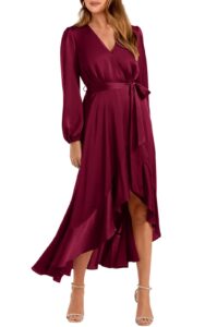 prettygarden women's satin fall dress semi formal satin long sleeve wrap v neck ruffle belted a-line flowy maxi dresses (wine red,small)