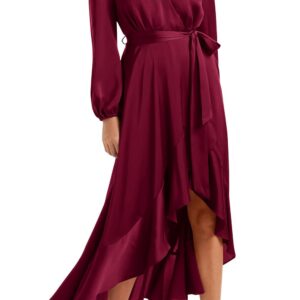 PRETTYGARDEN Women's Satin Fall Dress Semi Formal Satin Long Sleeve Wrap V Neck Ruffle Belted A-Line Flowy Maxi Dresses (Wine Red,Small)