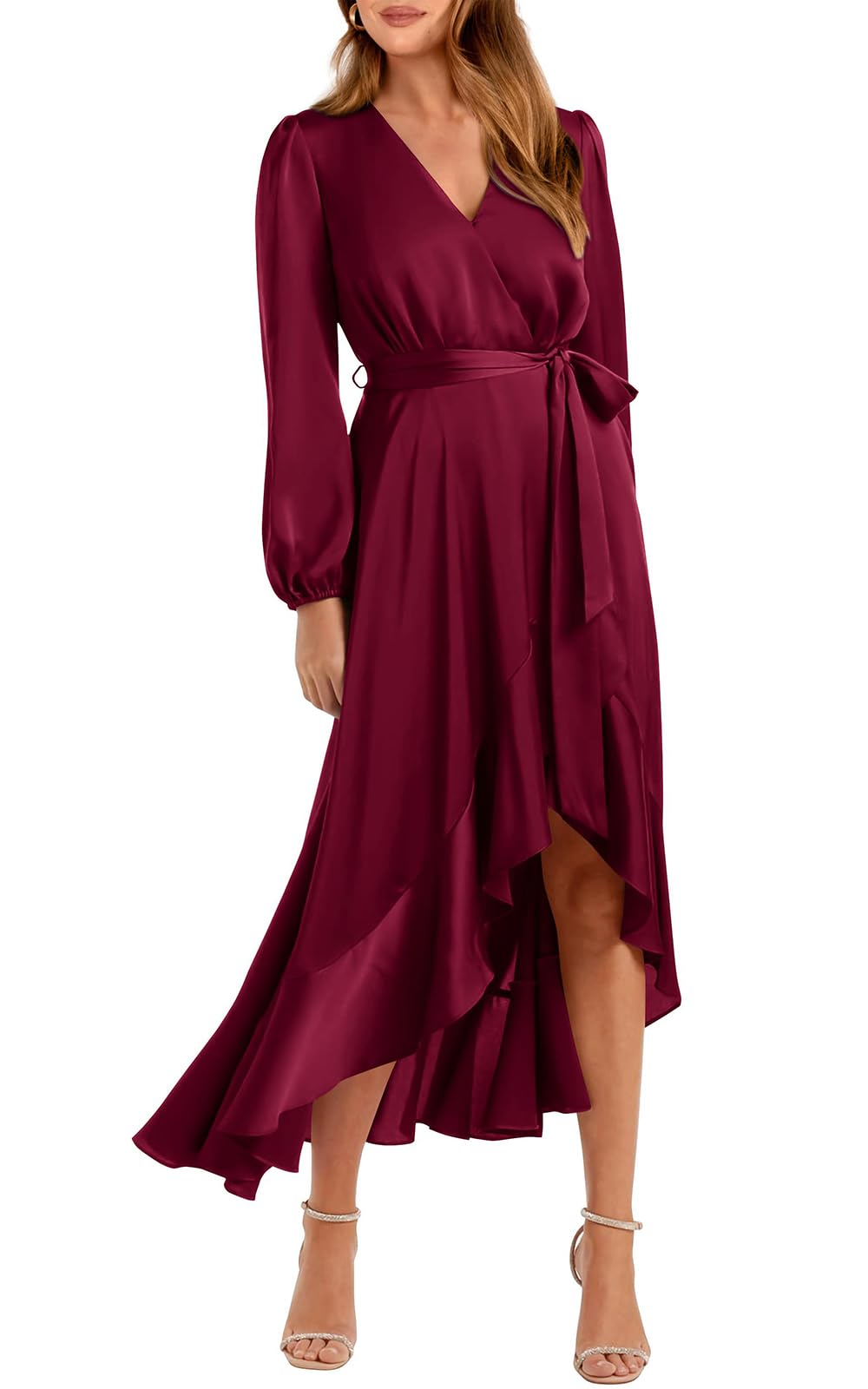 PRETTYGARDEN Women's Satin Fall Dress Semi Formal Satin Long Sleeve Wrap V Neck Ruffle Belted A-Line Flowy Maxi Dresses (Wine Red,Small)