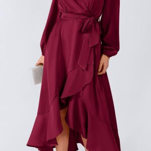 PRETTYGARDEN Women's Satin Fall Dress Semi Formal Satin Long Sleeve Wrap V Neck Ruffle Belted A-Line Flowy Maxi Dresses (Wine Red,Small)