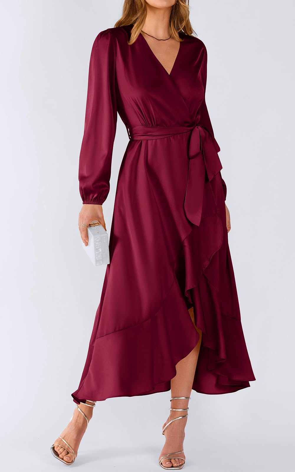 PRETTYGARDEN Women's Satin Fall Dress Semi Formal Satin Long Sleeve Wrap V Neck Ruffle Belted A-Line Flowy Maxi Dresses (Wine Red,Small)