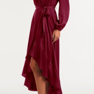 PRETTYGARDEN Women's Satin Fall Dress Semi Formal Satin Long Sleeve Wrap V Neck Ruffle Belted A-Line Flowy Maxi Dresses (Wine Red,Small)