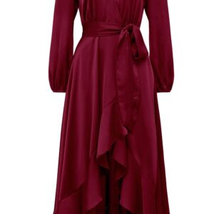 PRETTYGARDEN Women's Satin Fall Dress Semi Formal Satin Long Sleeve Wrap V Neck Ruffle Belted A-Line Flowy Maxi Dresses (Wine Red,Small)