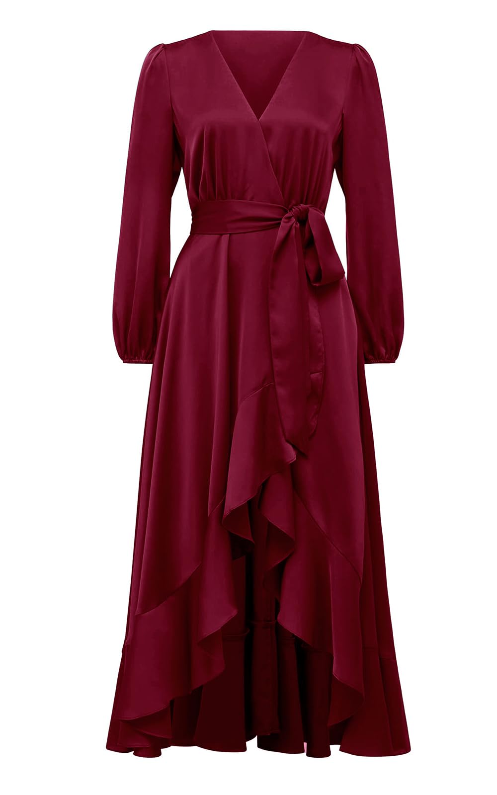 PRETTYGARDEN Women's Satin Fall Dress Semi Formal Satin Long Sleeve Wrap V Neck Ruffle Belted A-Line Flowy Maxi Dresses (Wine Red,Small)