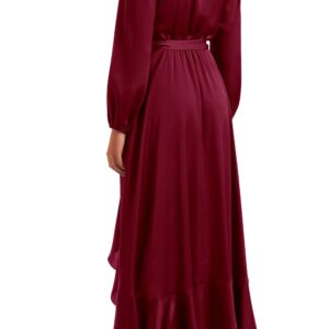 PRETTYGARDEN Women's Satin Fall Dress Semi Formal Satin Long Sleeve Wrap V Neck Ruffle Belted A-Line Flowy Maxi Dresses (Wine Red,Small)