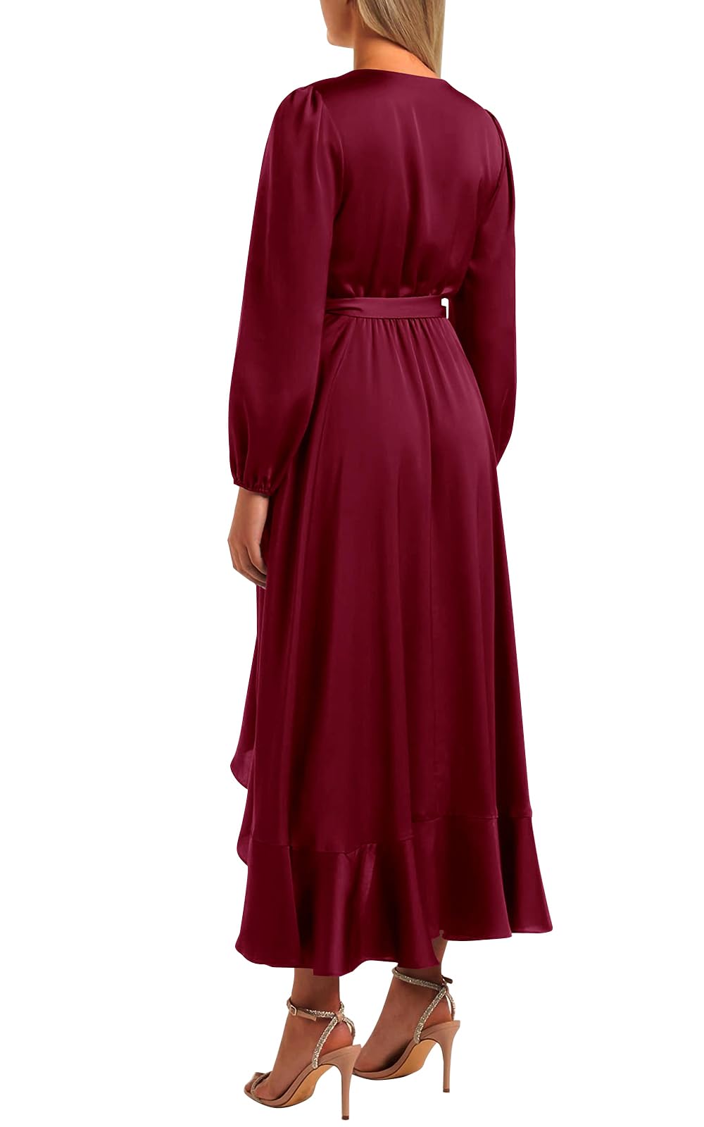 PRETTYGARDEN Women's Satin Fall Dress Semi Formal Satin Long Sleeve Wrap V Neck Ruffle Belted A-Line Flowy Maxi Dresses (Wine Red,Small)