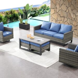 HUMMUH 6 Piece Patio Furniture Set Outdoor Sectional Sofa,High Back Patio Swivel Rocker Chairs with Ottomans Coffee Table for Porch,Garden,Backyard