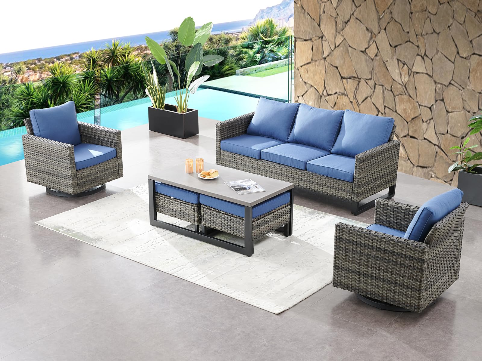 HUMMUH 6 Piece Patio Furniture Set Outdoor Sectional Sofa,High Back Patio Swivel Rocker Chairs with Ottomans Coffee Table for Porch,Garden,Backyard