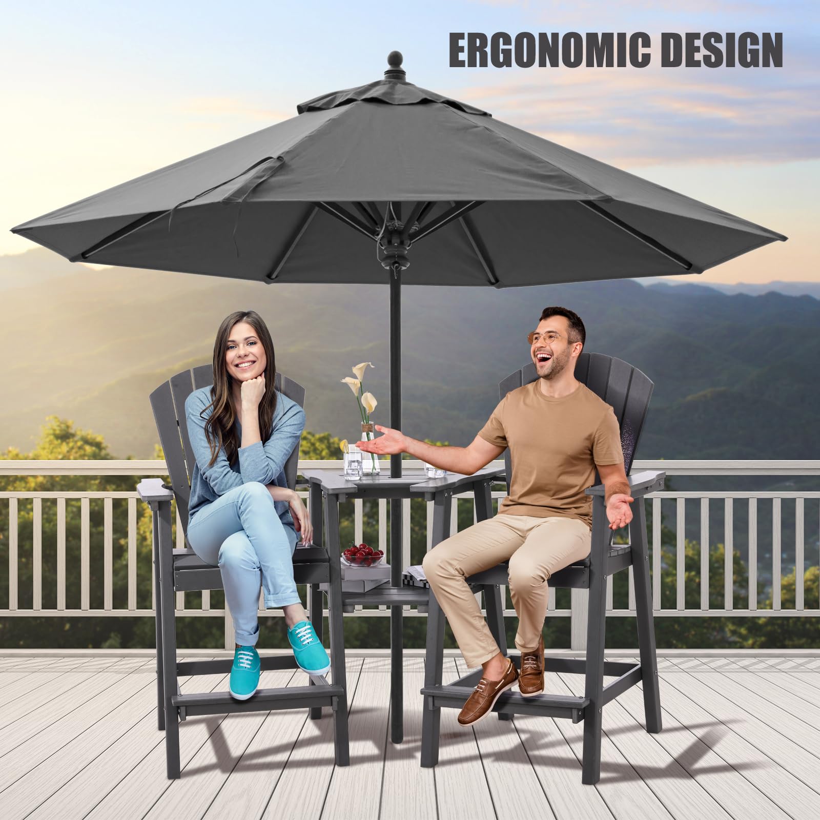 FOOWIN Tall Adirondack Chairs Set of 2，Recycled Poly Balcony Chair with Double Connecting Tray Patio Stools Weather Resistant for Outdoor Deck Lawn Pool Backyard (Double Connecting Tray, Grey)