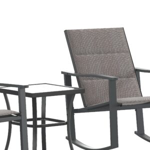 Flash Furniture FV-FSC-2315-GRY-GG Brazos Outdoor Rocking Chair Bistro Flex Comfort Material and Metal Framed Glass Top Table, 3-Piece Set, Gray/Black