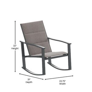 Flash Furniture FV-FSC-2315-GRY-GG Brazos Outdoor Rocking Chair Bistro Flex Comfort Material and Metal Framed Glass Top Table, 3-Piece Set, Gray/Black